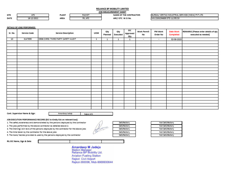 Job Measurement Sheet for Rajkot AFS | PDF | Technology & Engineering
