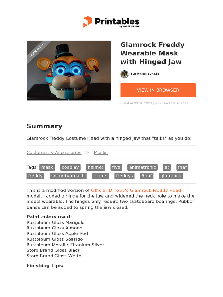 Glamrock Freddy Wearable Mask With Hinged Jaw | PDF