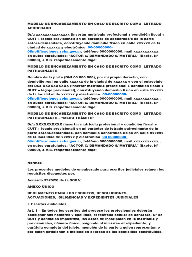 Encabezado de Escrito Acuerdo 3975-20 de La SCBA | Descargar gratis PDF | Justicia | Crimen y ...