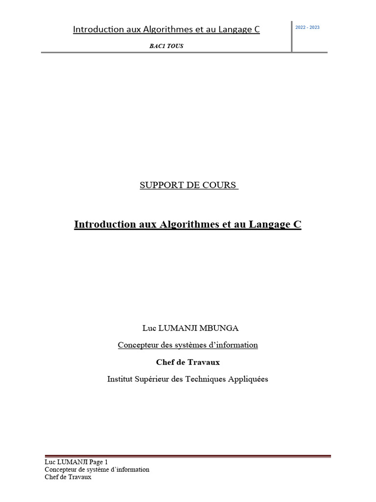 Algorithmes et Langage C par Luc Lumanji | PDF | Programme informatique ...