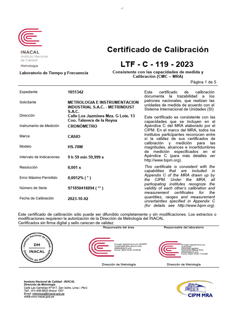 Cronómetro HS-70 W (ET-05) (LTF-C-119-2023) (2023-10-02) | PDF | Metrología | Calibración