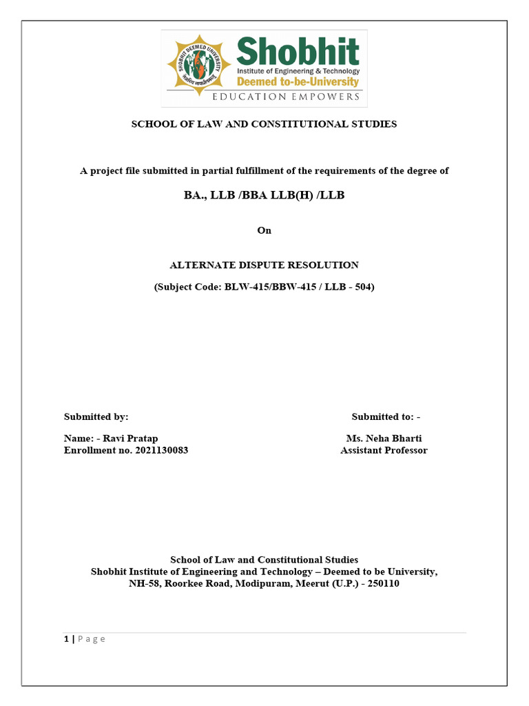 Adr 1 Pdf Mediation Alternative Dispute Resolution