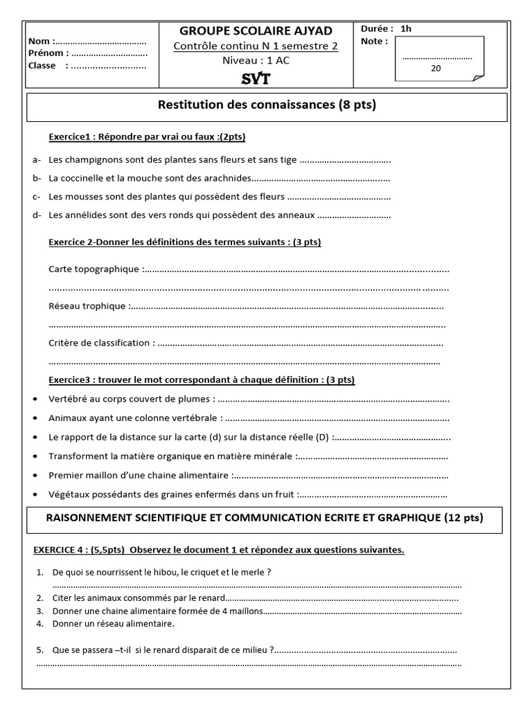 Contrôle SVT 1AC Semestre 2 Corrigé | PDF | Organismes