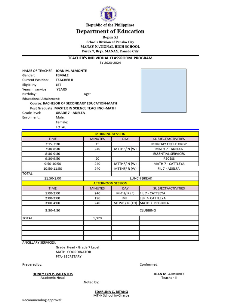 2023 2024 Teachers Individual Schedule | PDF | Teachers | Schools
