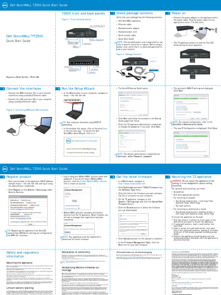 Dell SonicWALL TZ 500 Quick Start Guide | PDF | Screw | Local Area Network