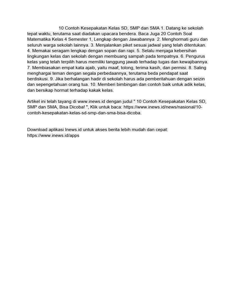 10 Contoh Kesepakatan Kelas SD | PDF