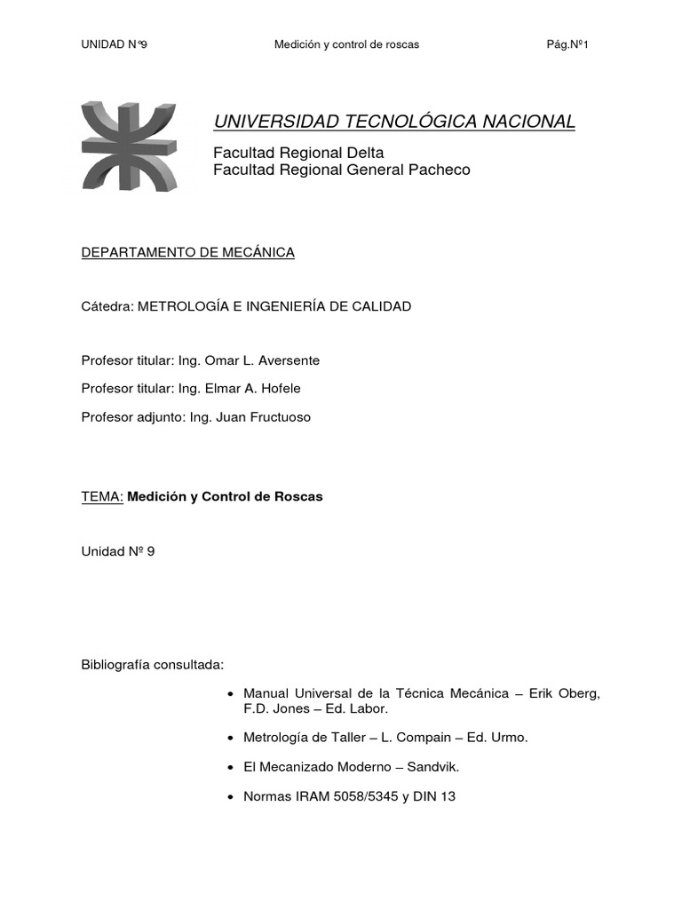 Metrolog+¡a Unidad 9 Medici+ N y Control de Roscas | PDF | Tornillo | Medición