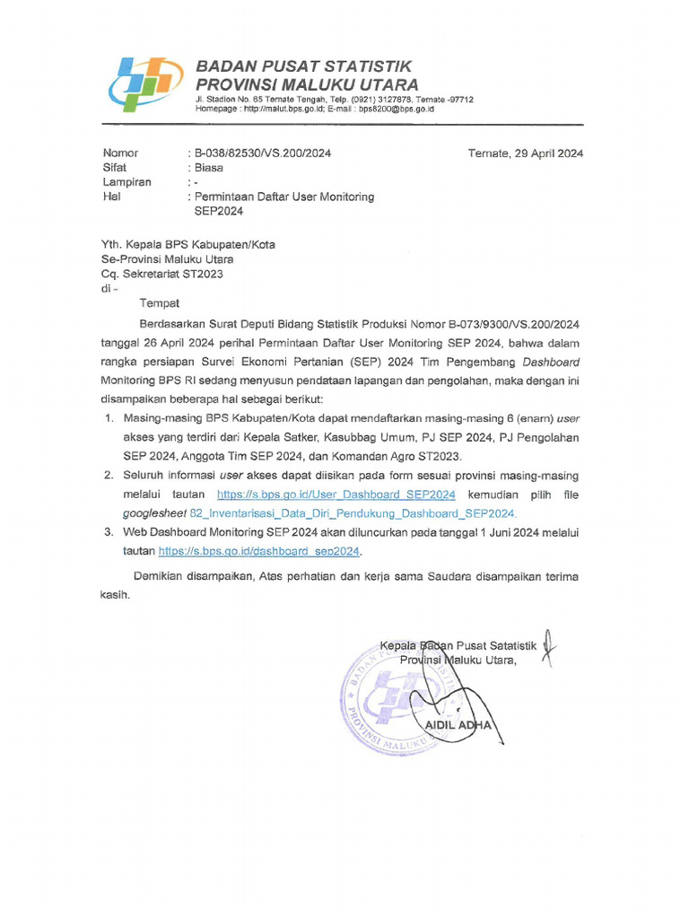 B-038 Permintaan Daftar User Monitoring SEP 2024 | PDF