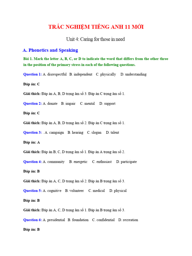 Trac Nghiem Tieng Anh 11 Moi Unit 4 Co Dap An Caring For Those in Need | PDF