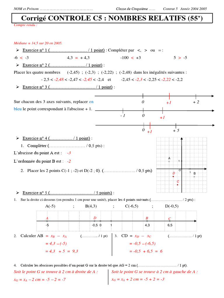 Contrôle de mathématiques : Nombres relatifs | PDF | Méthodes et ...