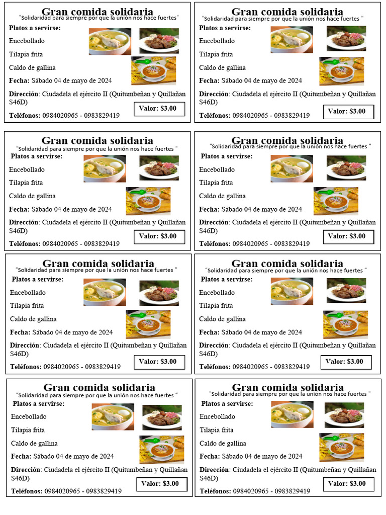 Boletos para Comida Solidaria 2024 | PDF | Cocina | Alimentos