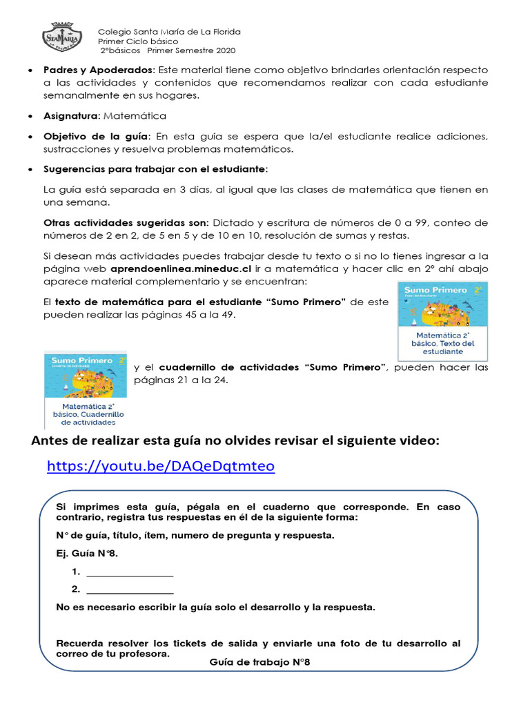 2°básico Matemática Guía 8 Profesoras Segundo Básico | PDF