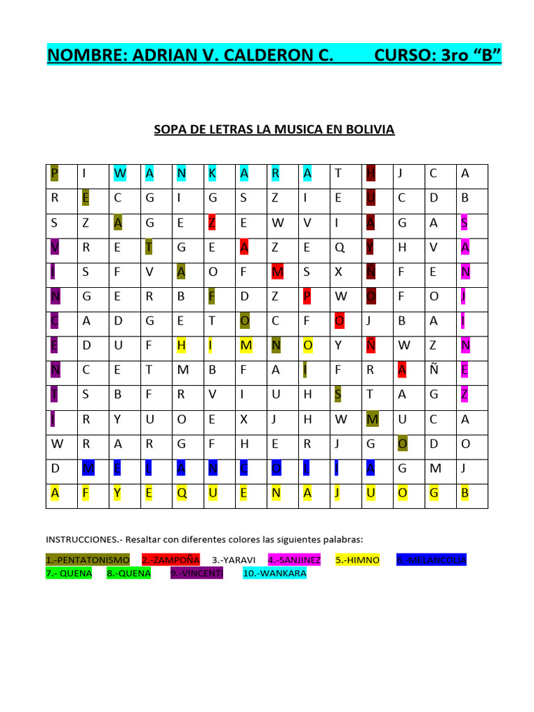 Sopa de Letras La Musica en Bolivia | PDF