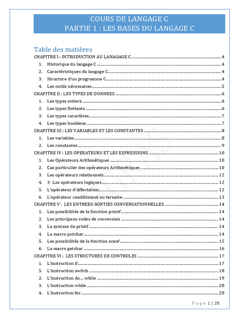 Cours de C 1 | PDF | Structure de contrôle | Pointeur (programmation)