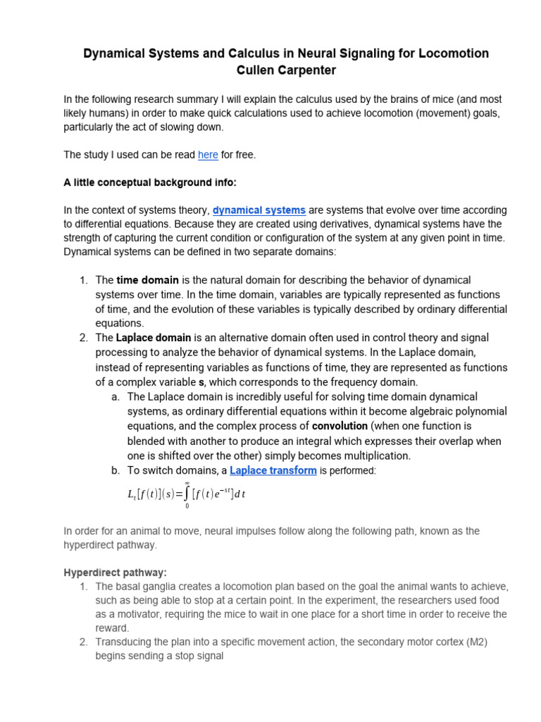 Dynamical Systems and Calculus in Neural Signaling for Locomotion | PDF | Laplace Transform ...