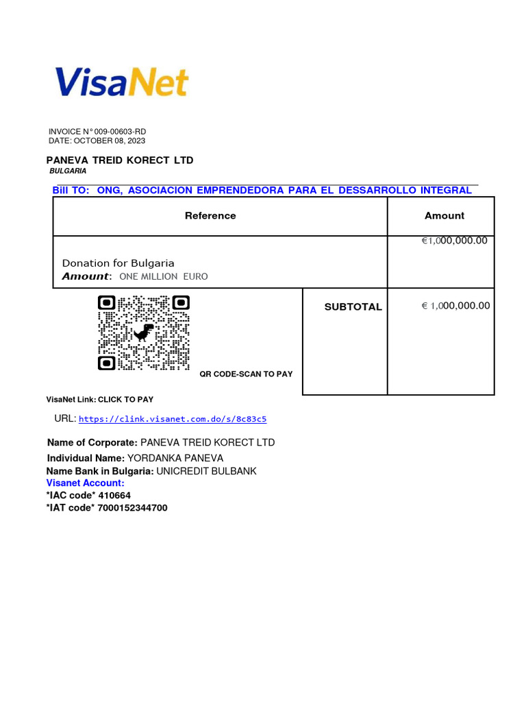 Visanet Invoice 1M Euro - Ong Integral | PDF