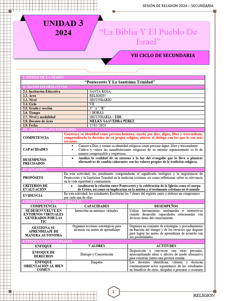 3º 4° Sesion Sem 1 Uni 3 - Religion 2024 | PDF | Aprendizaje | Maestros