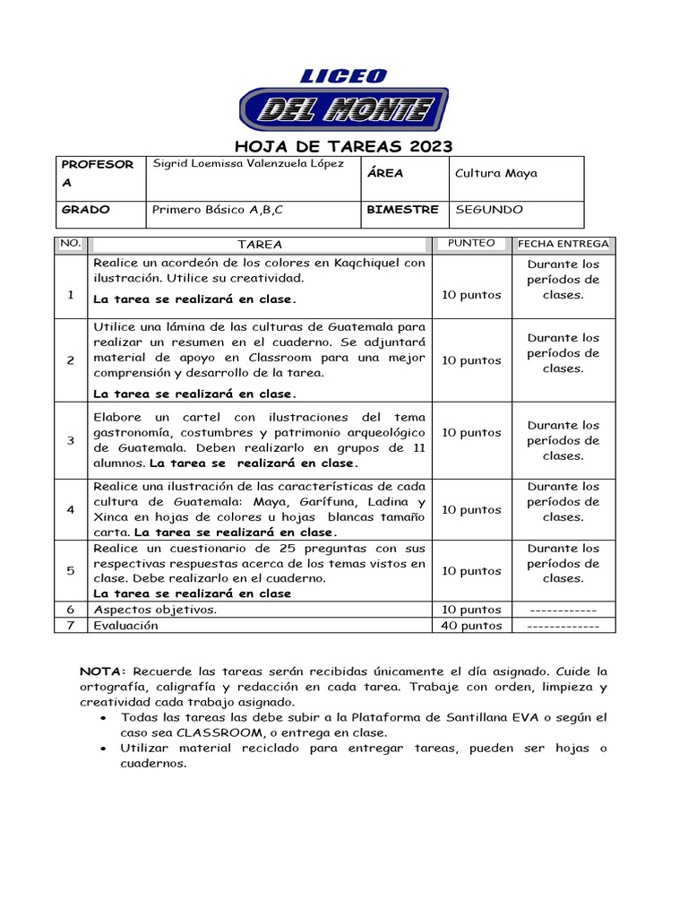 MISS SIGRID VALENZUELA HOJA DE TAREAS 2023 Correcto | PDF | Cuaderno