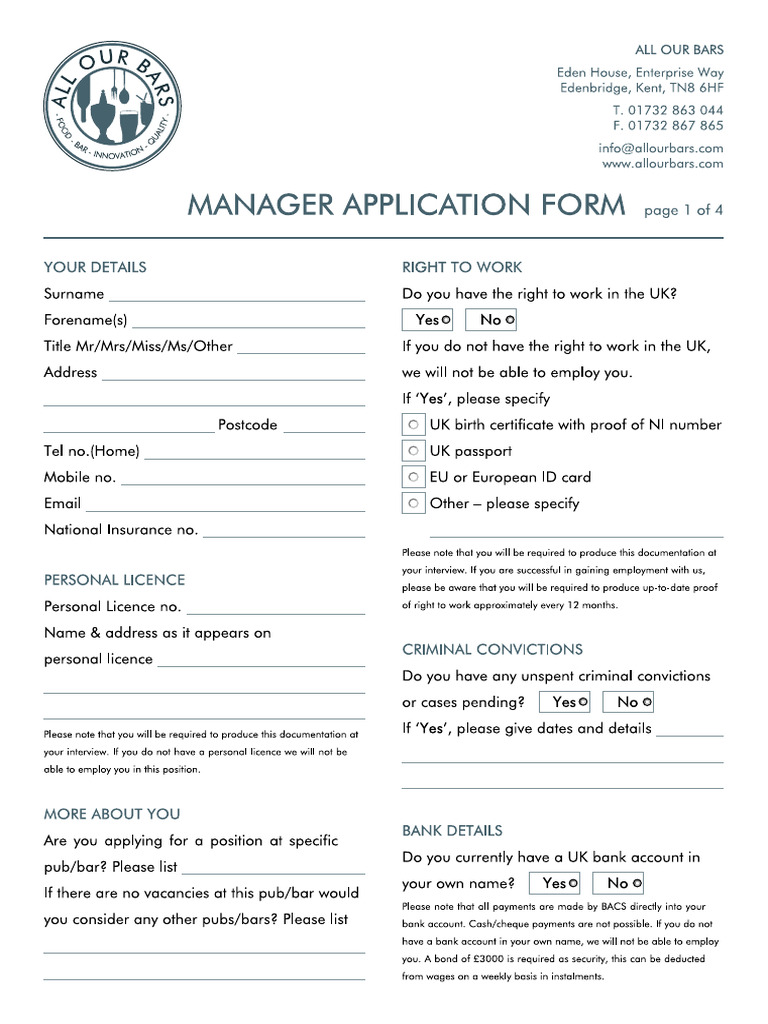 All Our Bars Manager Application Form Online | PDF
