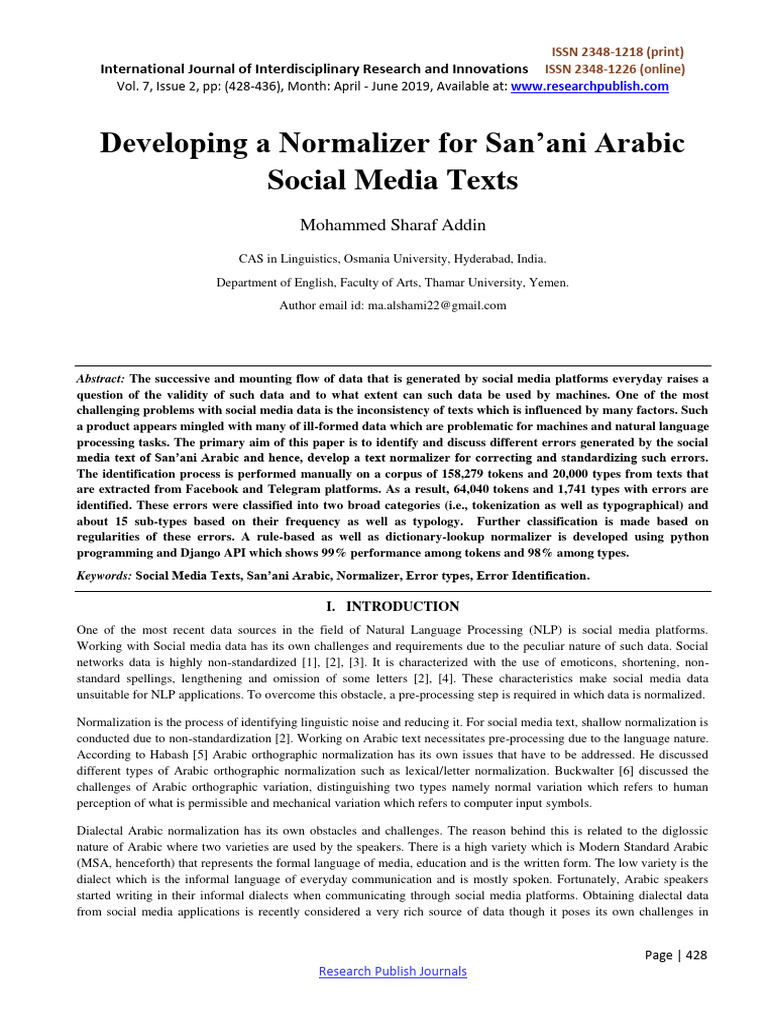 Developing A Normalizer For San Ani Arab | PDF | Arabic | Orthography