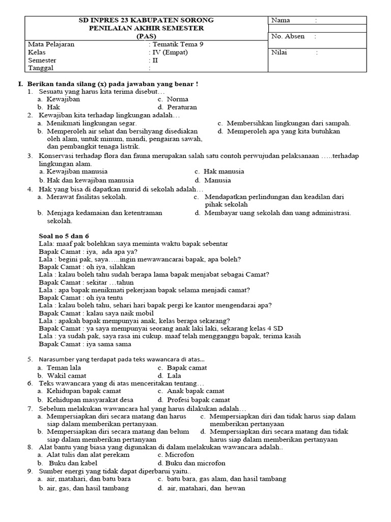 SOAL PAS TEMA 9 Kelas 4 | PDF