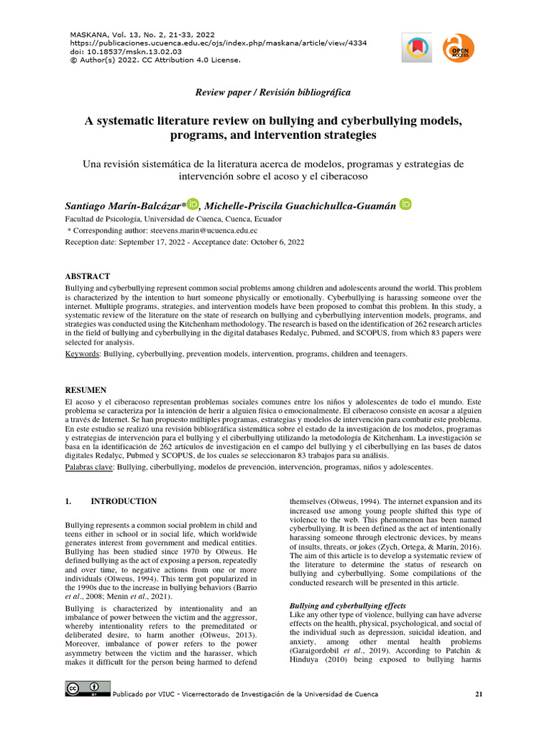 A systematic literature review on bullying and cyberbullying models, programs, and intervention ...