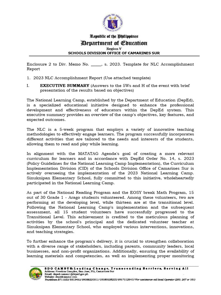 NLC Accomplishment Report Final | PDF | Learning | Teachers