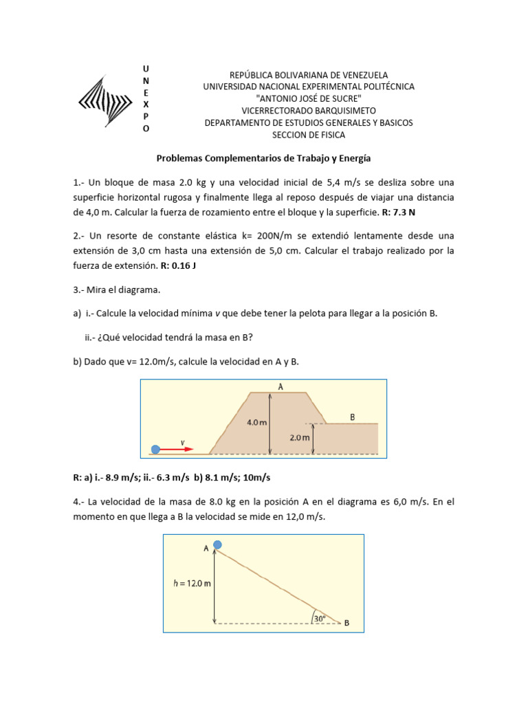 Problemas Complementarios de Trabajo y Energía Lapso 20222 | PDF | Fricción | Masa