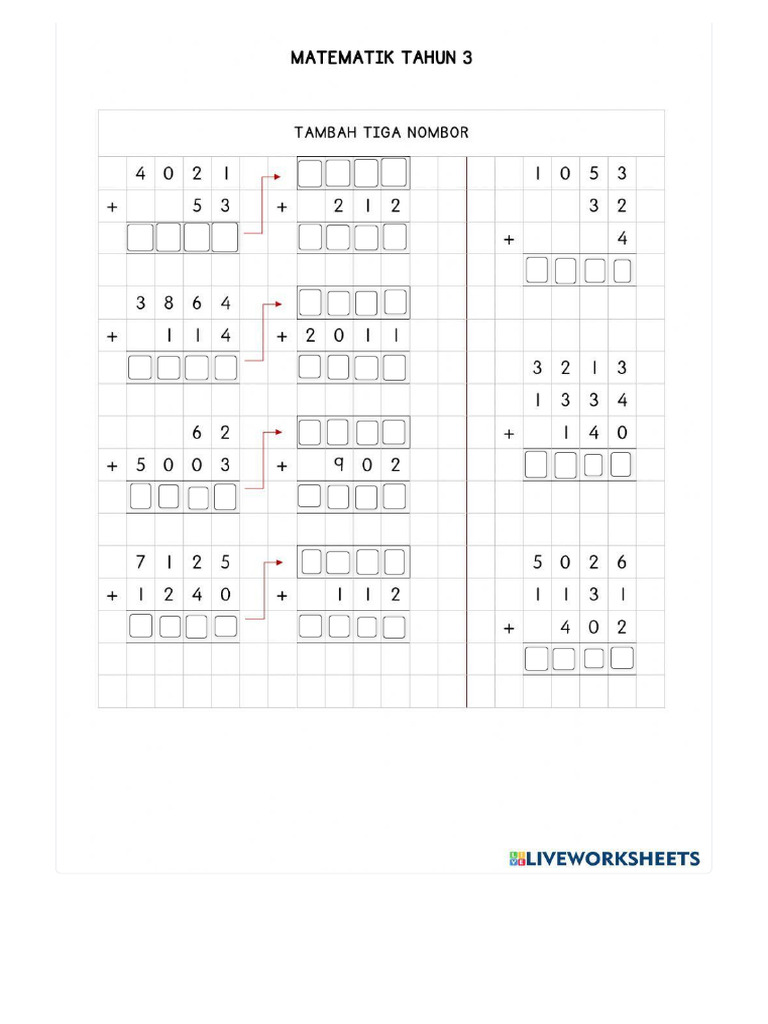 MATEMATIK TAHUN 3 : Tambah Tiga Nombor worksheet | Live Worksheets | PDF