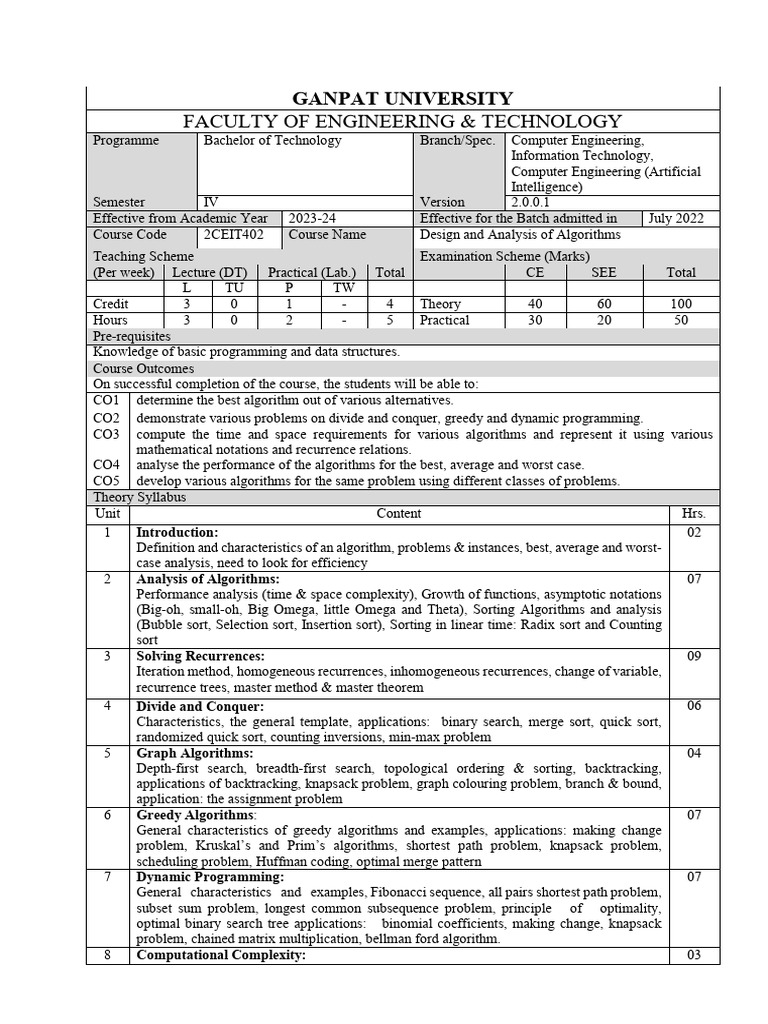 2ceit402 Design and Analysis of Algorithms Ce It Ceai | PDF | Recurrence Relation ...