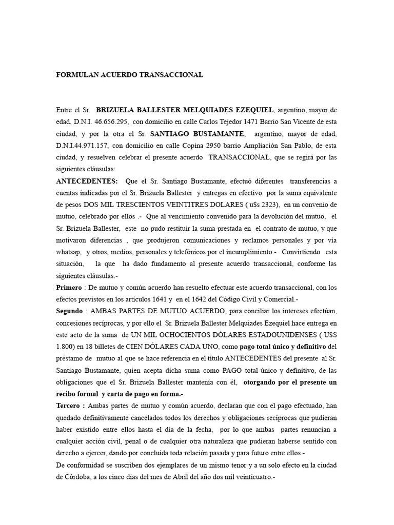 Formulan Acuerdo Transaccional | PDF