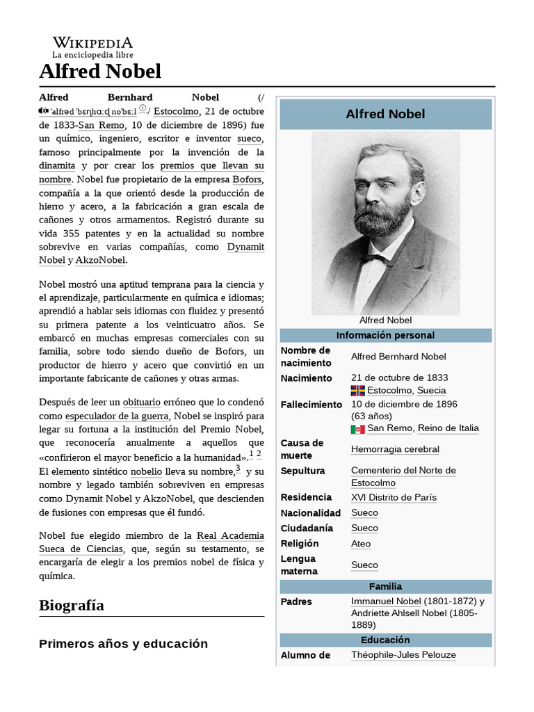 Alfred Nobel | Descargar gratis PDF | Familia Nobel