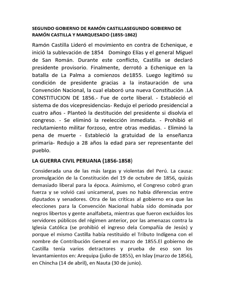 Segundo Gobierno de Ramón Castilla (1858-1862) | PDF | Perú | Gobierno