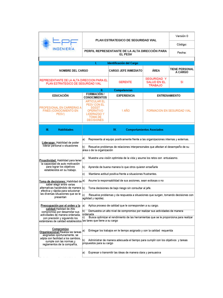Perfil Del Responsable Del Pesv | PDF | Planificación estratégica | Liderazgo