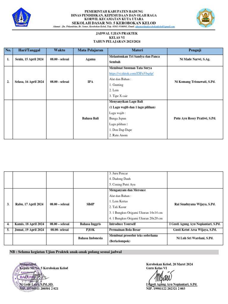 Jadwal Ujian Praktek 2024 | PDF