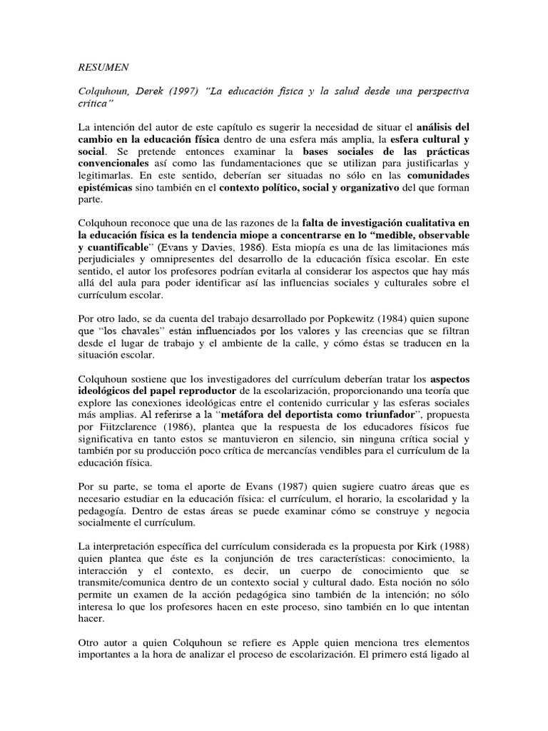 Colquhoun Derek 1997 La Educacion Fisica y La Salud Desde Una ...