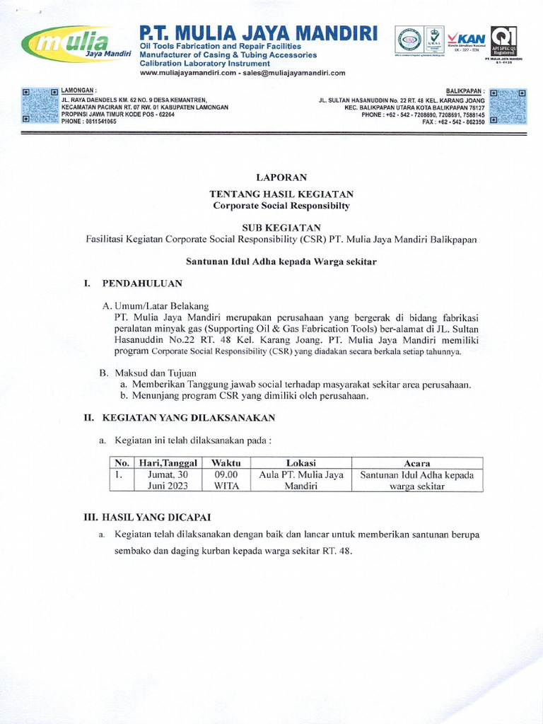 Laporan CSR Idul Adha MJM 2023 | PDF