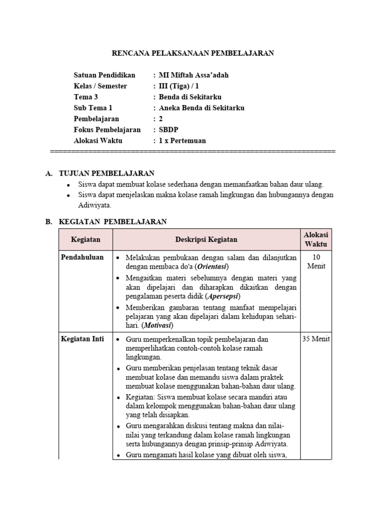 RPP Mata Pelajaran SBDP Adiwiyata Kelas 3 | PDF