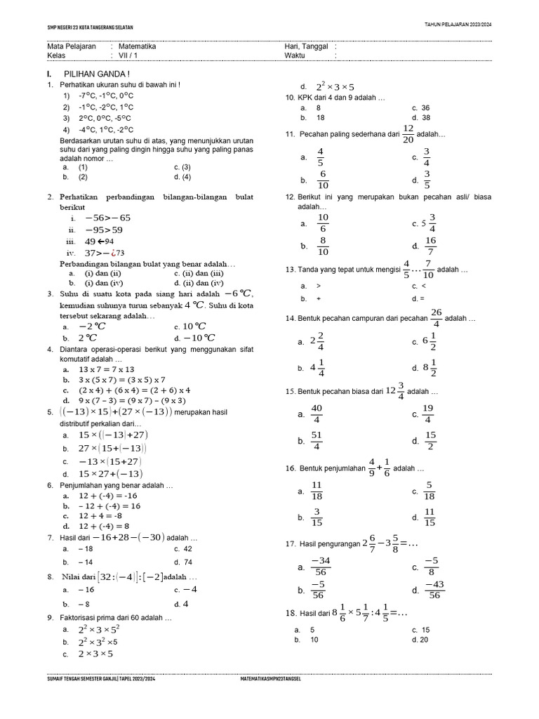 Soal STS Ganjil Matematika Kelas 7 2023 | PDF
