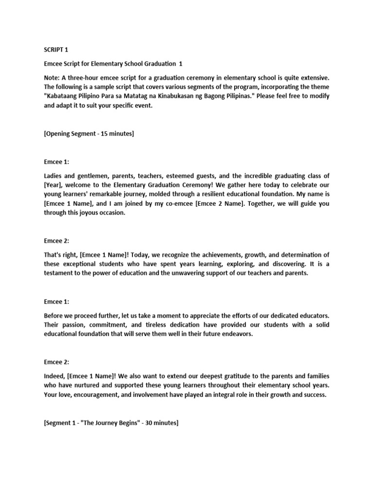 Emcee Script For Elementary School Graduation 1 1 | PDF | Psychological ...