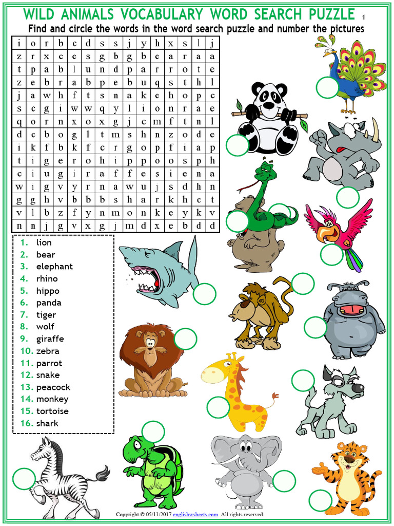 Animals Vocabulary Esl Word Search Puzzle Worksheets For Kids | PDF ...