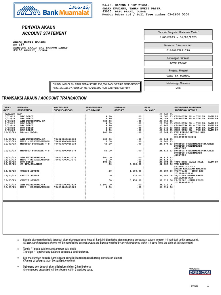 Account Statement: Penyata Akaun | PDF | Debit Card | Deposit Account