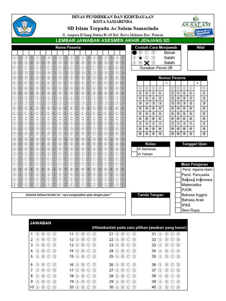 Lembar Jawaban Ujian SD As Salam | PDF