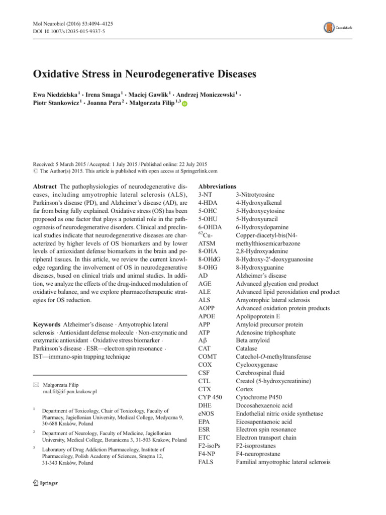 Oxidative Stress in Neurodegenerative Diseases | PDF | Reactive Oxygen ...