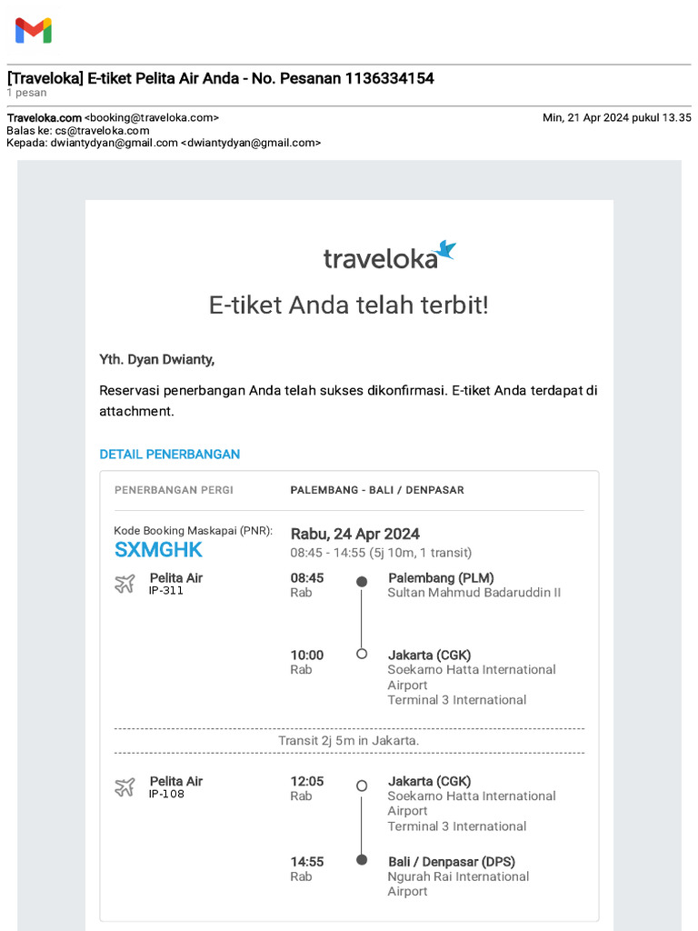 Gmail - (Traveloka) E-Tiket Pelita Air Anda - No. Pesanan 1136334154 | PDF