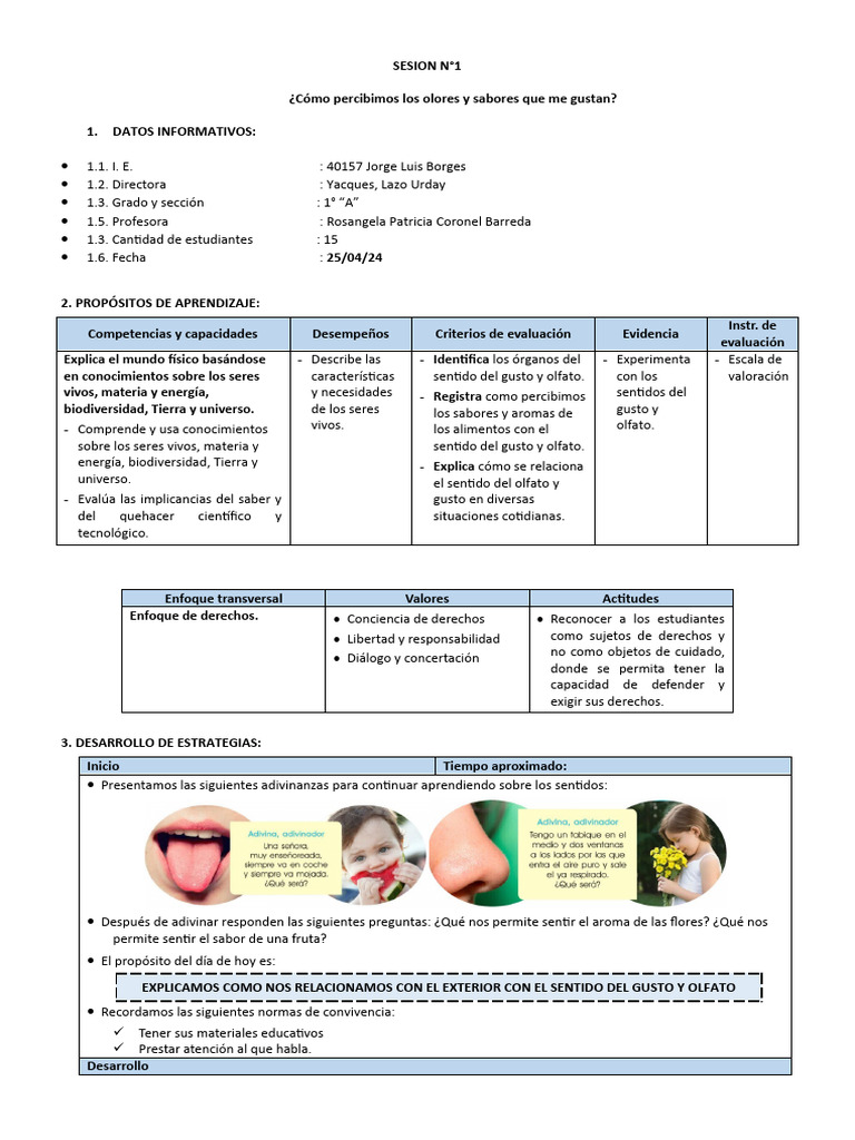 Olores y sabores: Aprendizaje en 1° A | PDF | Gusto | Evaluación