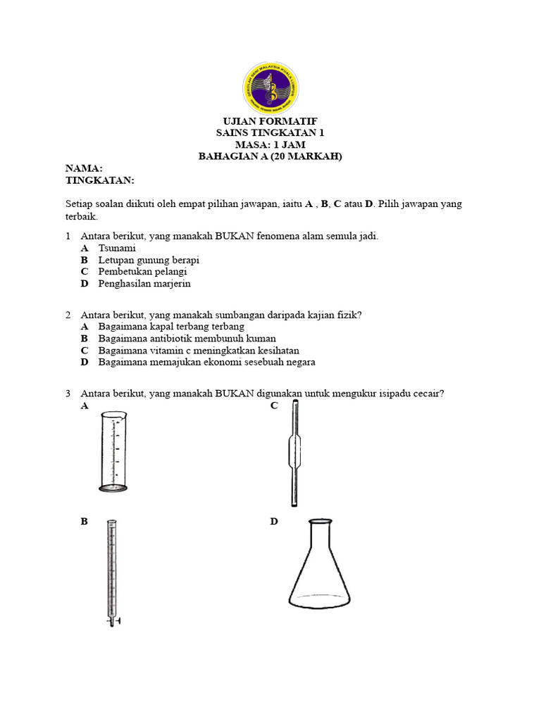 Kertas 1 Tingkatan 1 2024 | PDF | Sains & Matematika