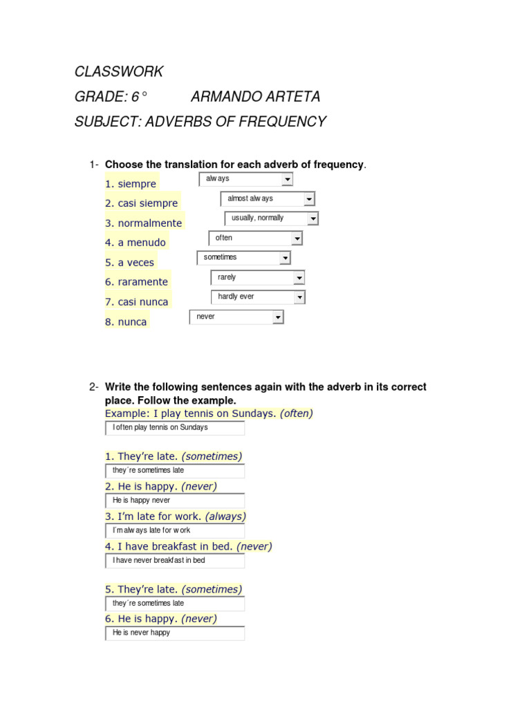 CLASSWORK para 6° Adverbs of Frequency | PDF | Language Arts & Discipline | Cooking, Food & Wine