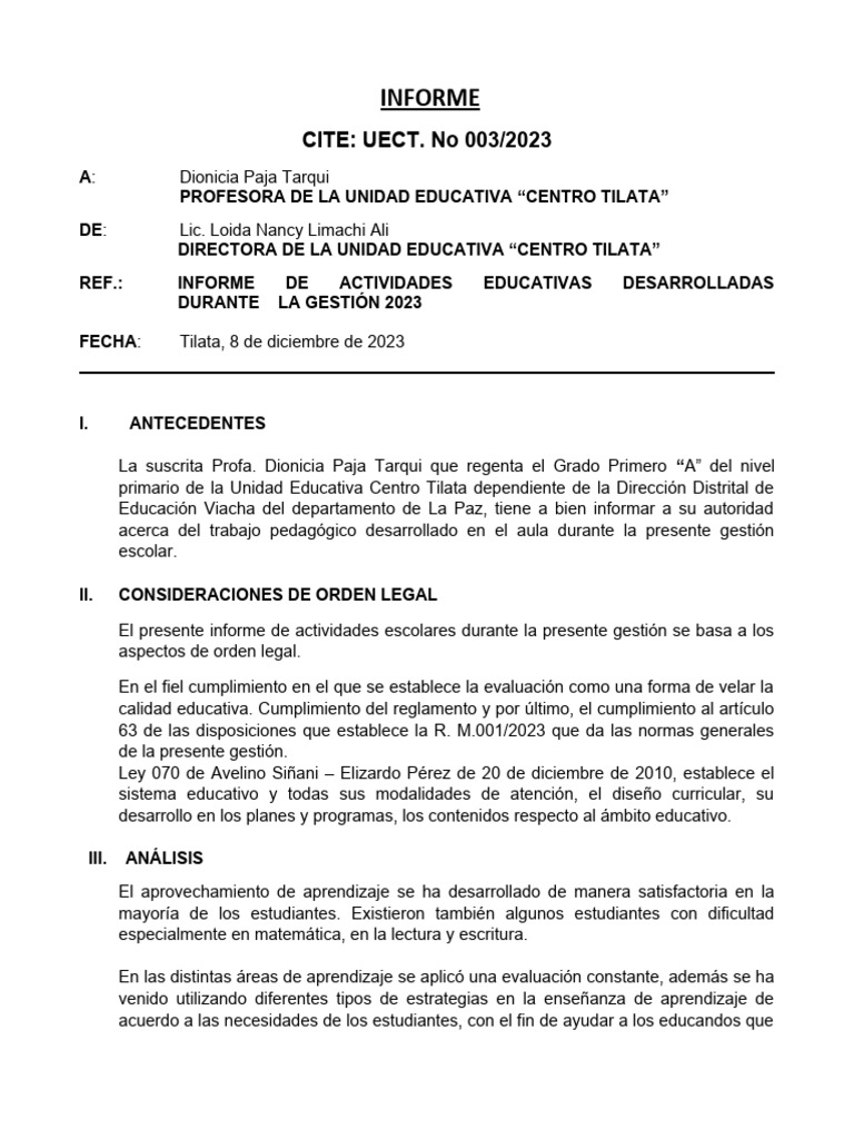 INFORME FIN DE GESTION 2023 | PDF | Aprendizaje | Enseñando
