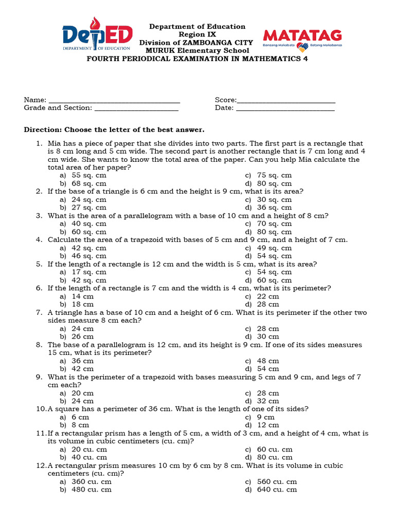 Q4 G4 EXAM MATH | PDF | Area | Rectangle